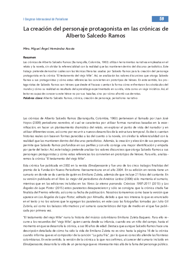 (PDF) La creación del personaje protagonista en las crónicas de Alberto Salcedo Ramos
