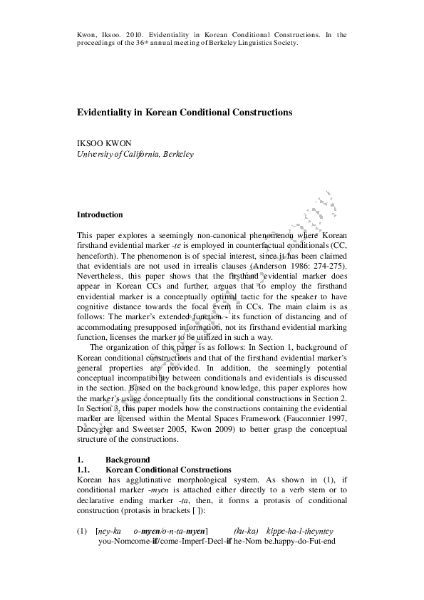 (PDF) Evidentiality in Korean Conditional Constructions