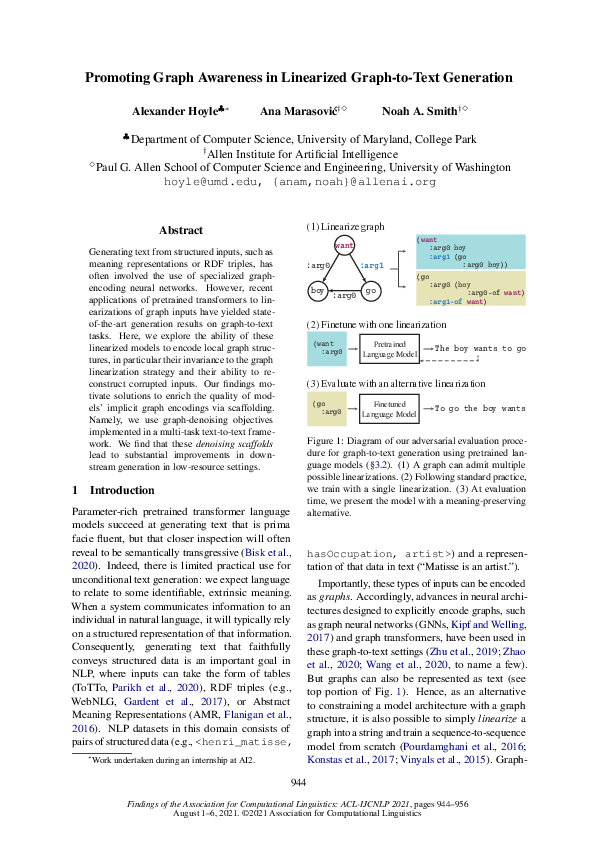 (PDF) Promoting Graph Awareness in Linearized Graph-to-Text Generation