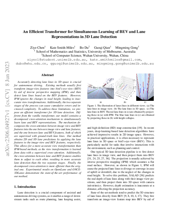 (PDF) An Efficient Transformer for Simultaneous Learning of BEV and Lane Representations in 3D ...