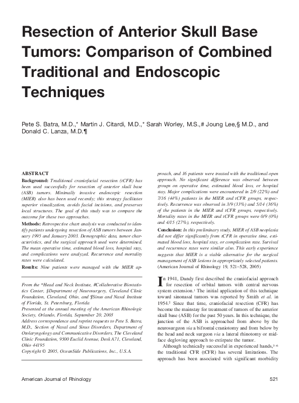 (PDF) Resection of Anterior Skull Base Tumors: Comparison of Combined Traditional and Endoscopic ...