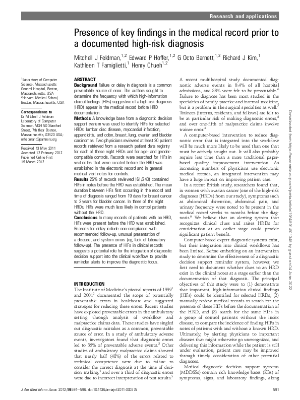(PDF) Presence of key findings in the medical record prior to a ...