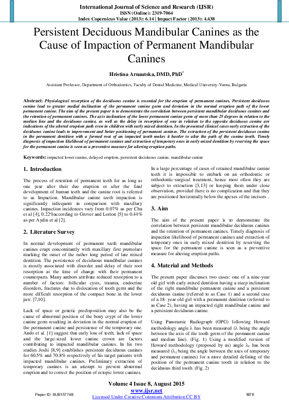 (PDF) Persistent deciduous mandibular canines as the cause of impaction ...