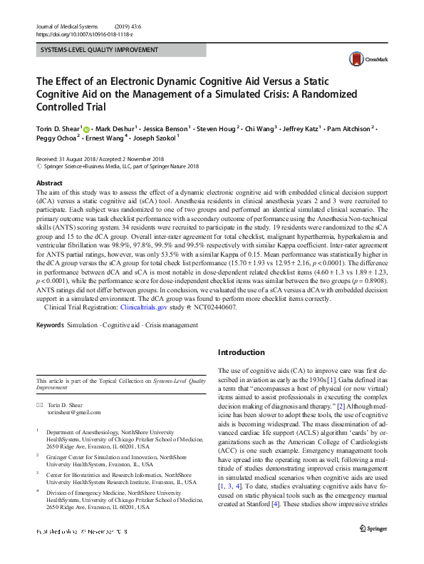 (PDF) The Effect of an Electronic Dynamic Cognitive Aid Versus a Static Cognitive Aid on the ...