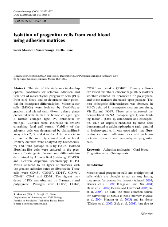 (PDF) Isolation of progenitor cells from cord blood using adhesion matrices