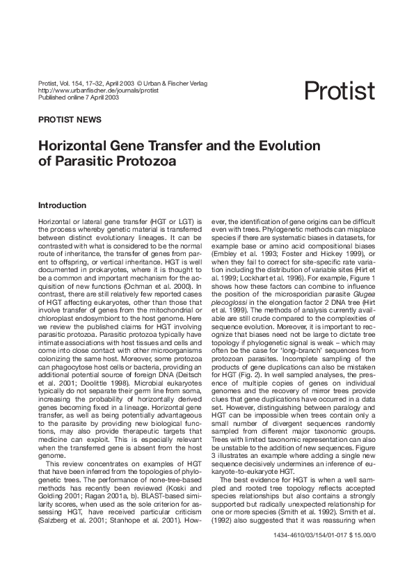 (PDF) Horizontal Gene Transfer and the Evolution of Parasitic Protozoa