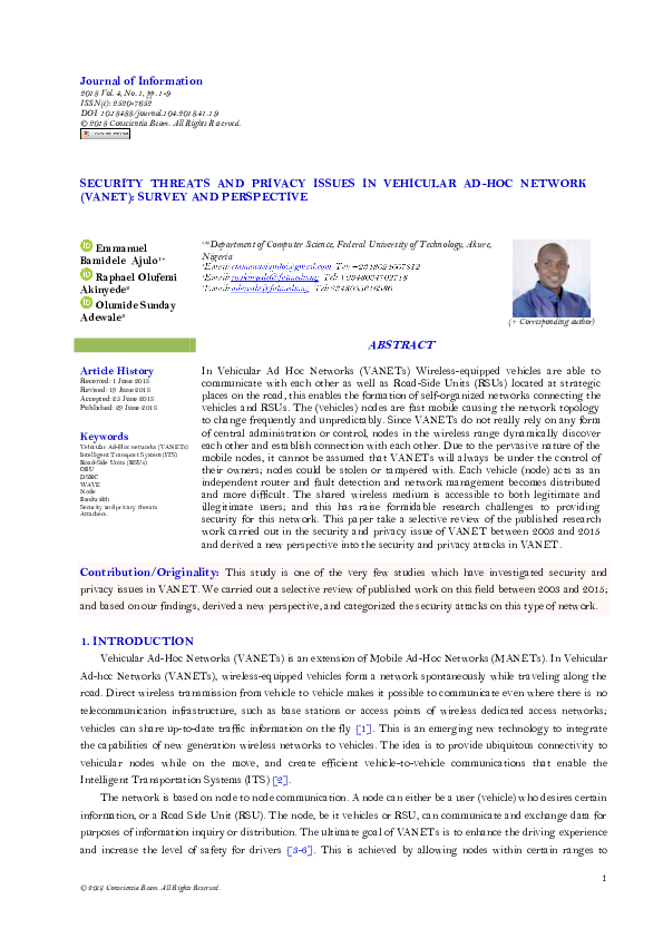 (PDF) Security Threats and Privacy Issues in Vehicular Ad-Hoc Network (VANET): Survey and ...