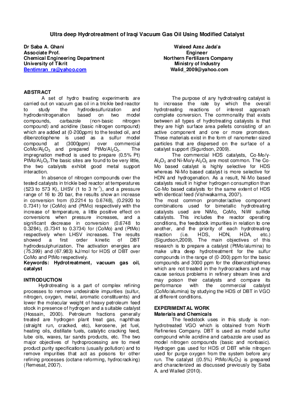 (PDF) Ultra Deep Hydrotreatment of Iraqi Vacuum Gas Oil Using a ...