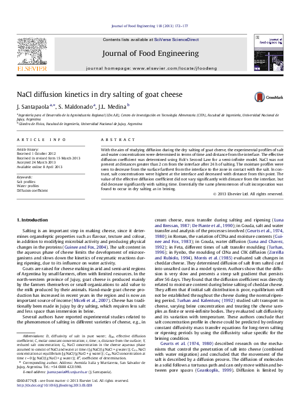 (PDF) NaCl diffusion kinetics in dry salting of goat cheese