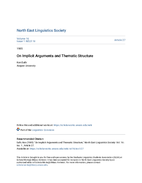 (PDF) On Implicit Arguments and Thematic Structure