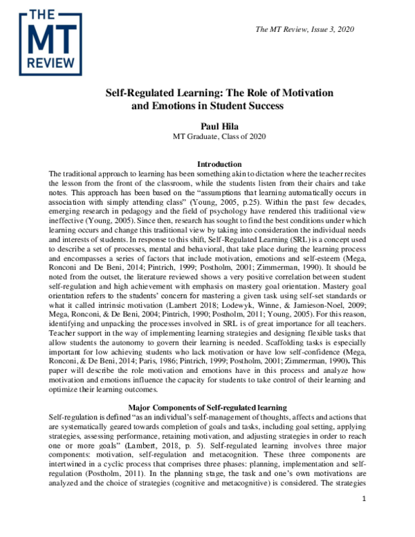 (PDF) Self-Regulated Learning: The Role of Motivation and Emotions on Student Learning