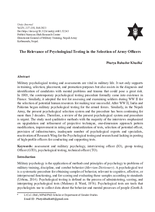 (PDF) The Relevance of Psychological Testing in the Selection of Army ...