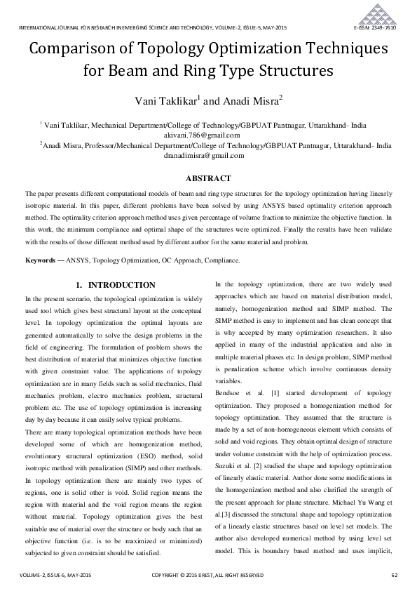 (PDF) Comparison of Topology Optimization Techniques for Beam and Ring Type Structures | vani ...