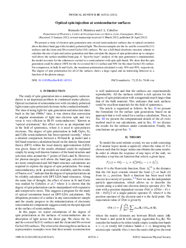 Pdf Optical Spin Injection At Semiconductor Surfaces