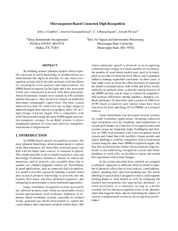 Pdf Microsegment Based Connected Digit Recognition