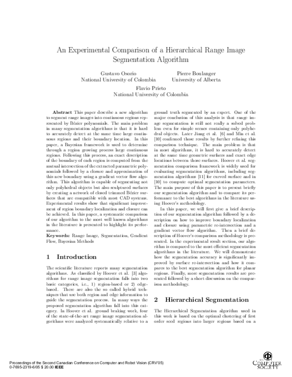 Pdf An Experimental Comparison Of A Hierarchical Range Image Segmentation Algorithm