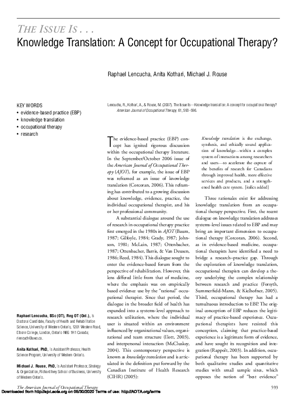 (PDF) Knowledge Translation: A Concept for Occupational Therapy?