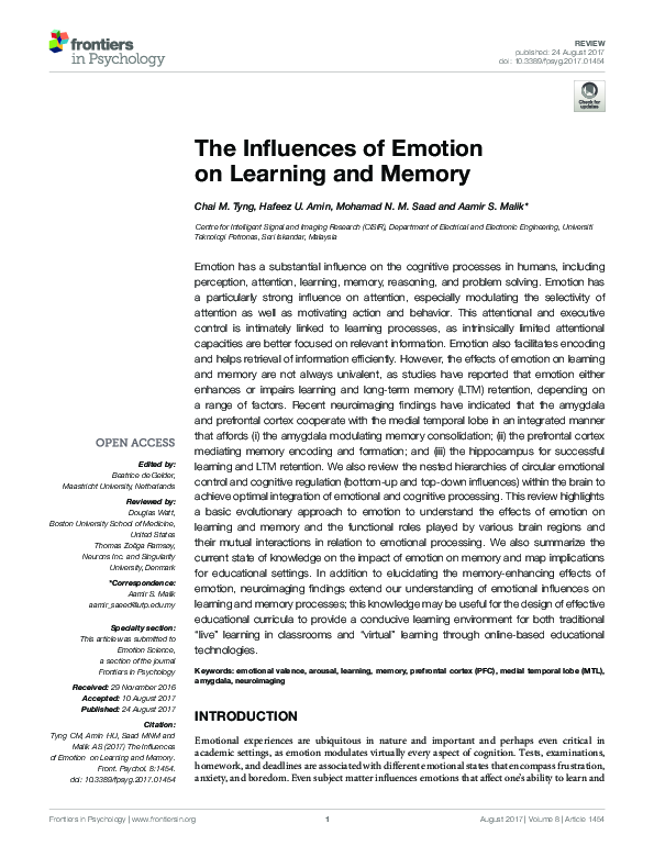 (PDF) The Influences of Emotion on Learning and Memory