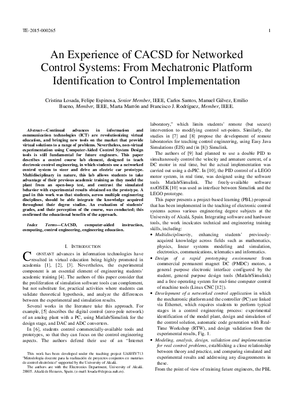 (PDF) An Experience of CACSD for Networked Control Systems: From Mechatronic Platform ...