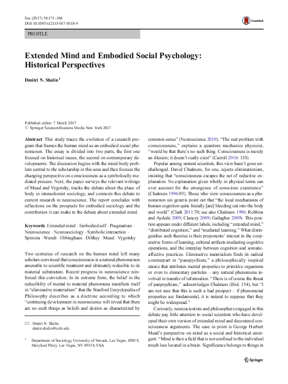 (PDF) Extended Mind and Embodied Social Psychology: Historical Perspectives