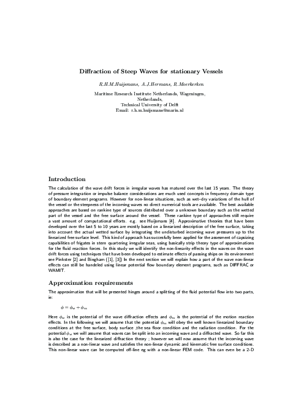 (PDF) Diffraction of Steep Waves for stationary Vessels