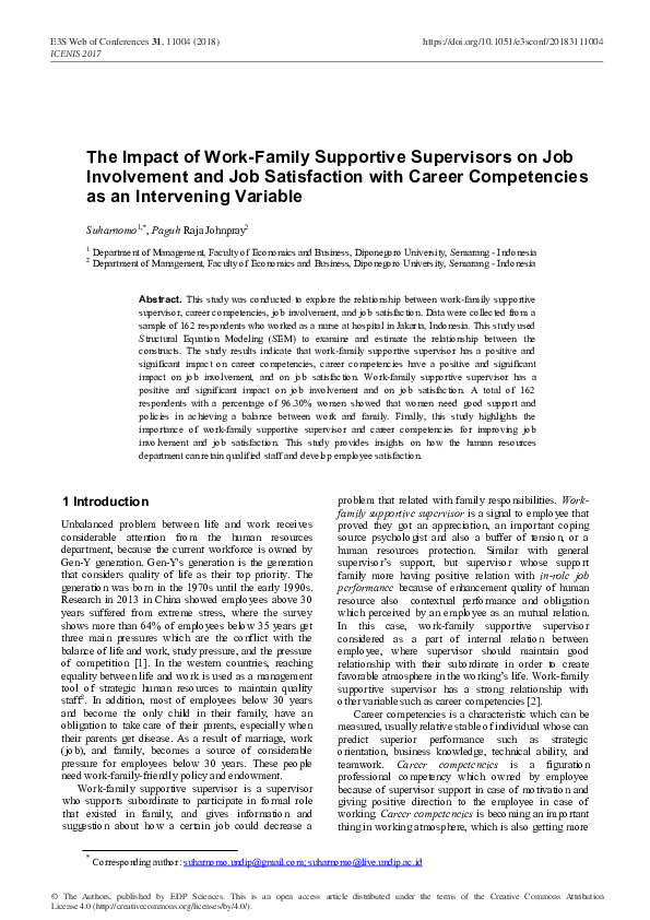 (PDF) The Impact of Work-Family Supportive Supervisors on Job Involvement and Job Satisfaction ...