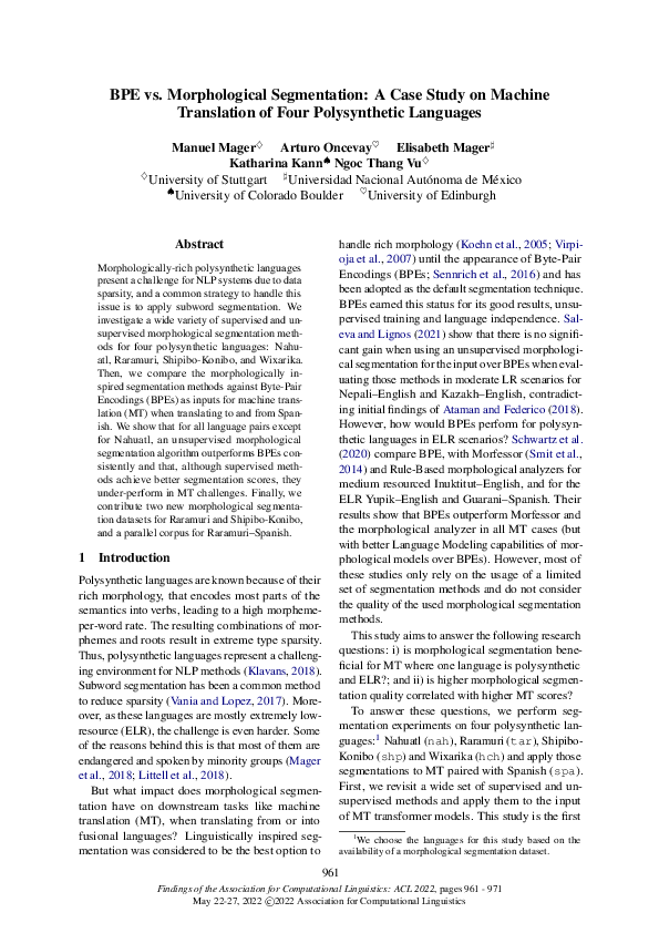 (PDF) BPE vs. Morphological Segmentation: A Case Study on Machine ...