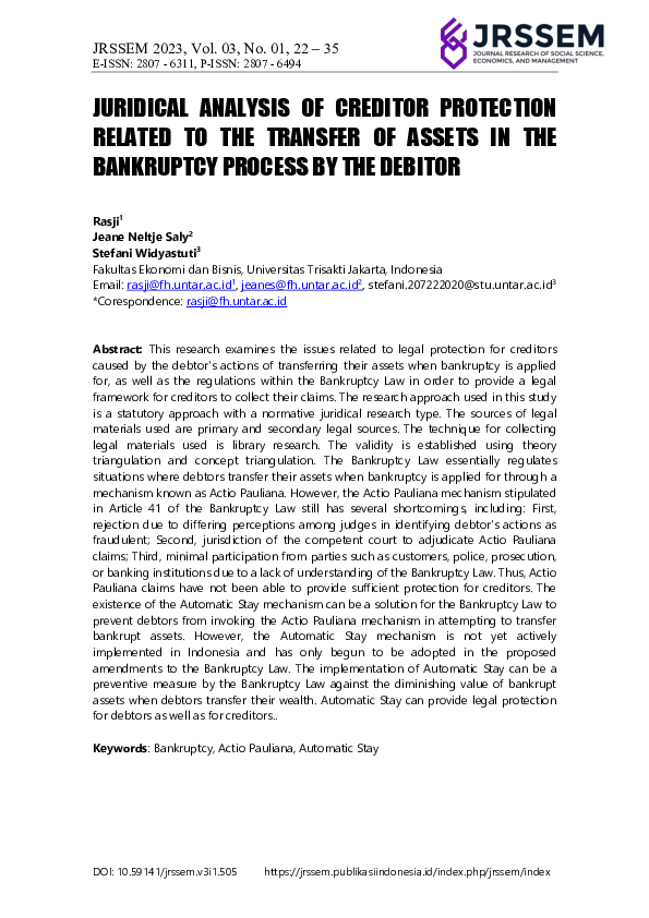 (PDF) Juridical Analysis Of Creditor Protection Related To The Transfer ...