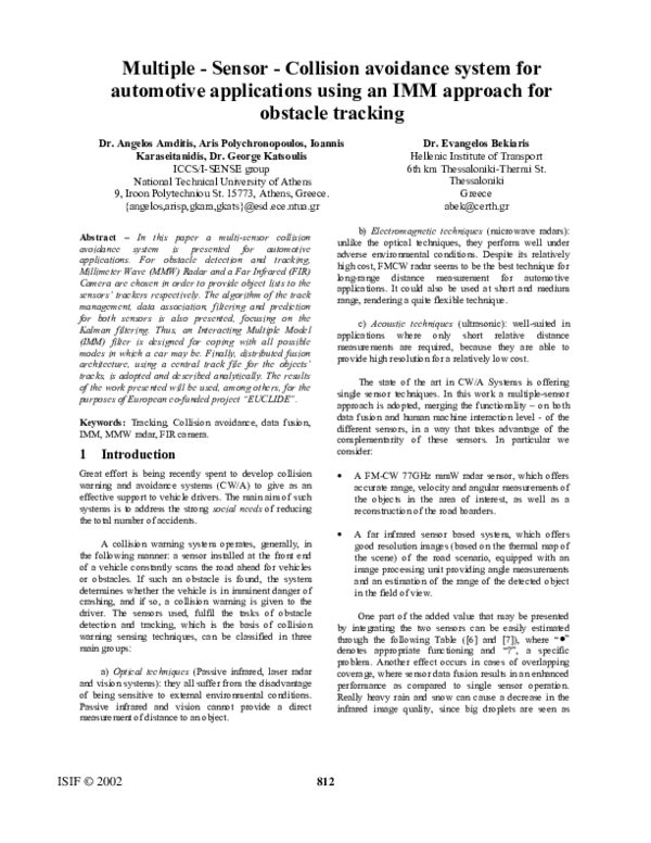 Pdf Multiple Sensor Collision Avoidance System For Automotive Applications Using An Imm