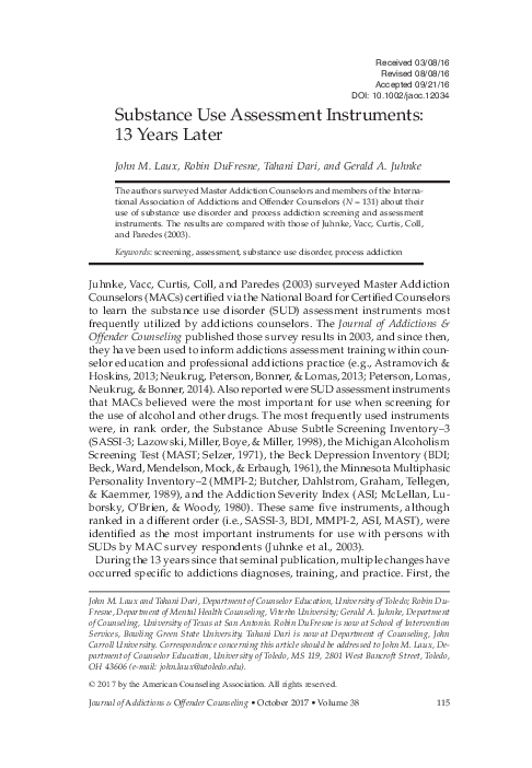 (PDF) Substance Use Assessment Instruments: 13 Years Later | Tahani ...