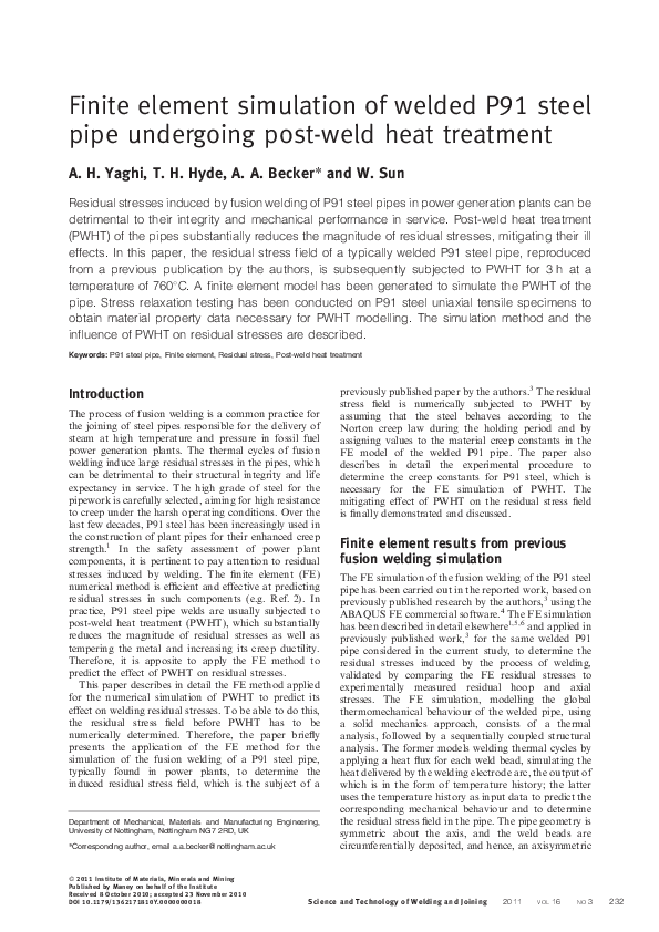 (PDF) Finite element simulation of welded P91 steel pipe undergoing post-weld heat treatment