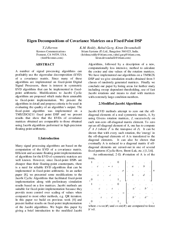 Pdf Eigen Decompositions Of Covariance Matrices On A Fixed Point Dsp Rahul Garg