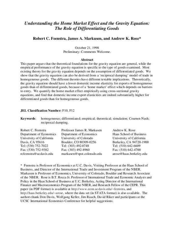(PDF) Undertstanding the Home Market Effect and the Gravity Equation ...