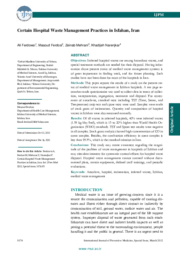 (PDF) Certain hospital waste management practices in isfahan, iran ...