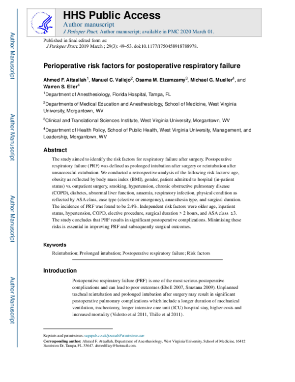 (PDF) Perioperative risk factors for postoperative respiratory failure ...