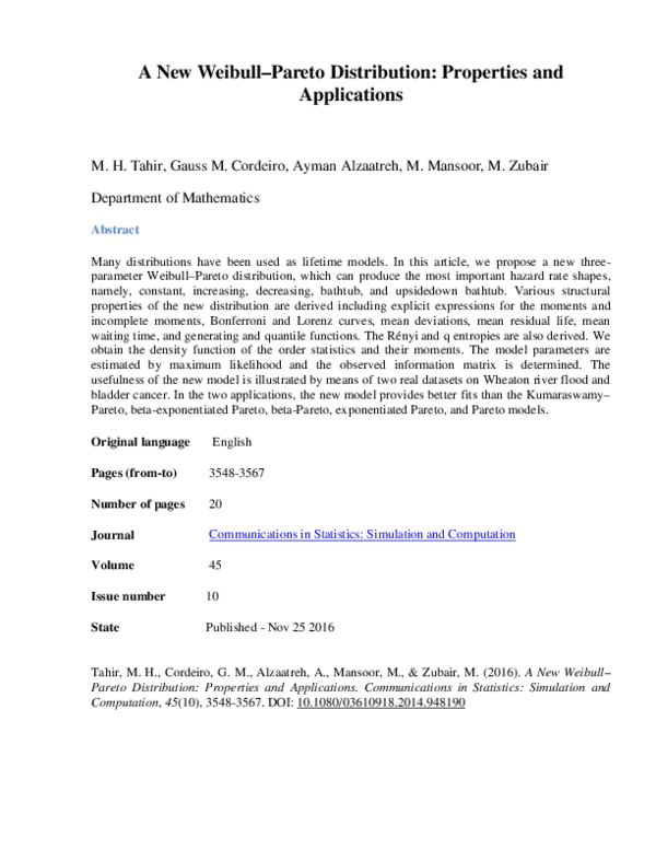 Pdf A New Weibull Pareto Distribution Properties And Applications