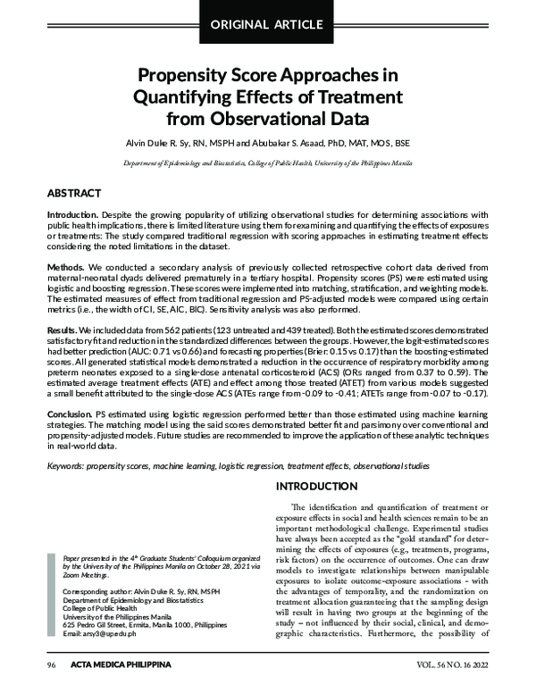 (PDF) Propensity Score Approaches in Quantifying Effects of Treatment from Observational Data
