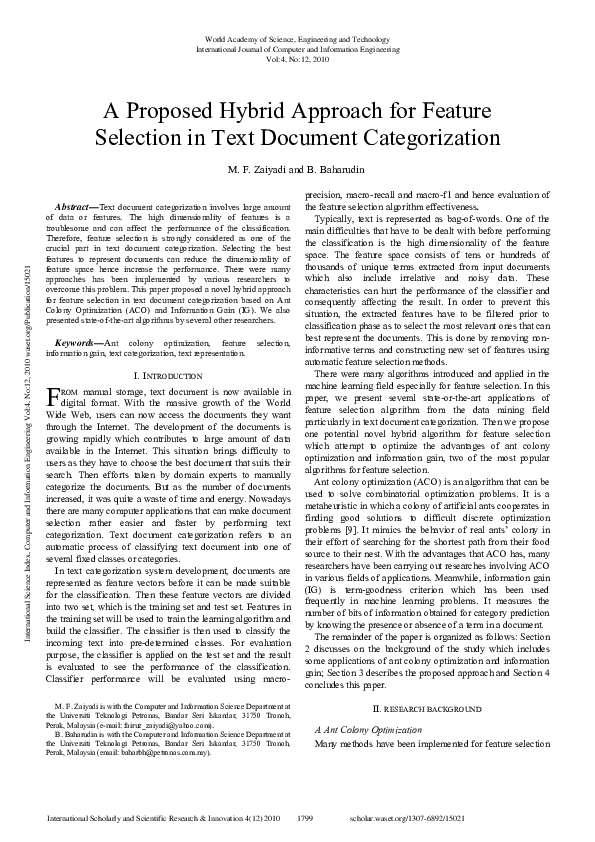 (PDF) A Proposed Hybrid Approach For Feature Selection In Text Document Categorization