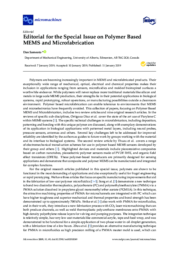 (PDF) Editorial for the Special Issue on Polymer Based MEMS and ...