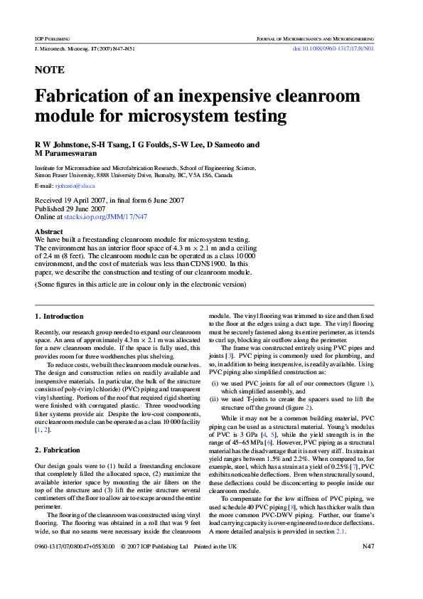 (PDF) Fabrication of an inexpensive cleanroom module for microsystem ...