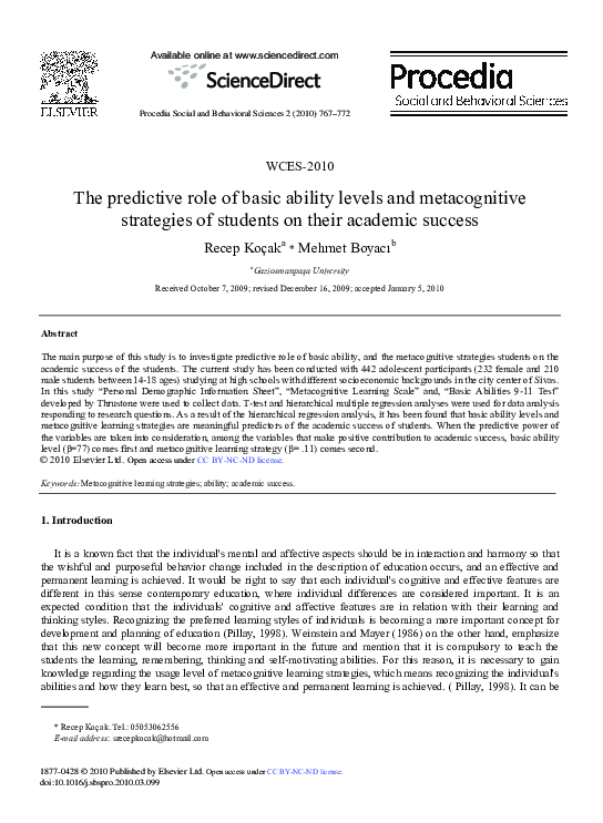 (PDF) The predictive role of basic ability levels and metacognitive strategies of students on ...