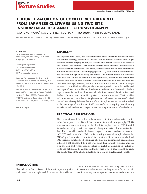 (PDF) Texture Evaluation of Cooked Rice Prepared from Japanese ...