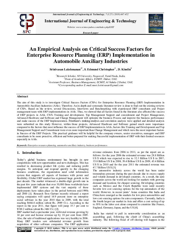 (PDF) An Empirical Analysis on Critical Success Factors for Enterprise Resource Planning (ERP ...