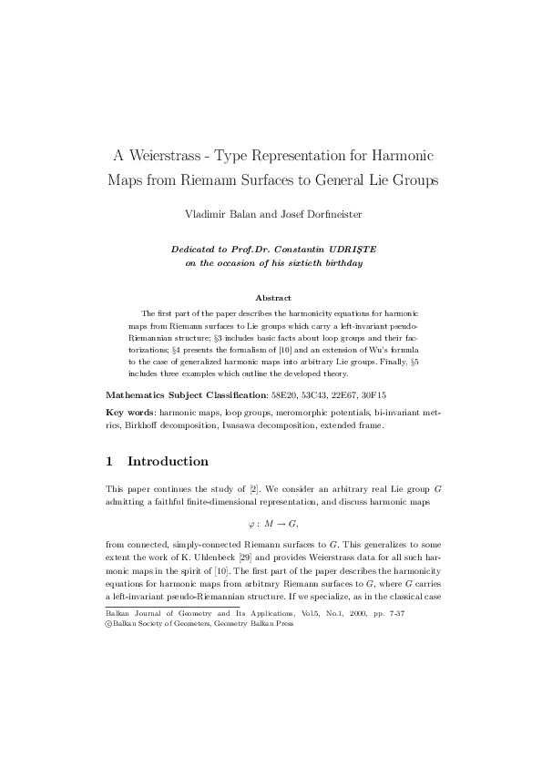 (PDF) A Weierstrass-type representation for harmonic maps from Riemann surfaces to general Lie ...