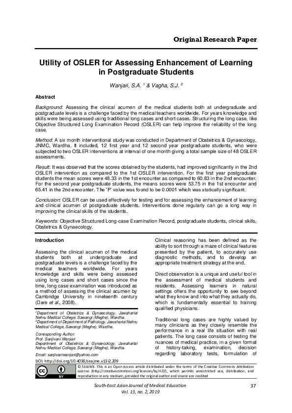 (PDF) Utility of OSLER for assessing enhancement of learning in postgraduate students