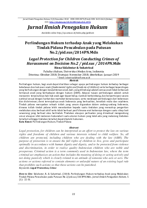 (PDF) Perlindungan Hukum terhadap Anak yang Melakukan Tindak Pidana Pencabulan pada Putusan No.2 ...