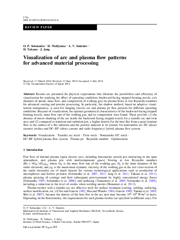 (PDF) Visualization of arc and plasma flow patterns for advanced ...