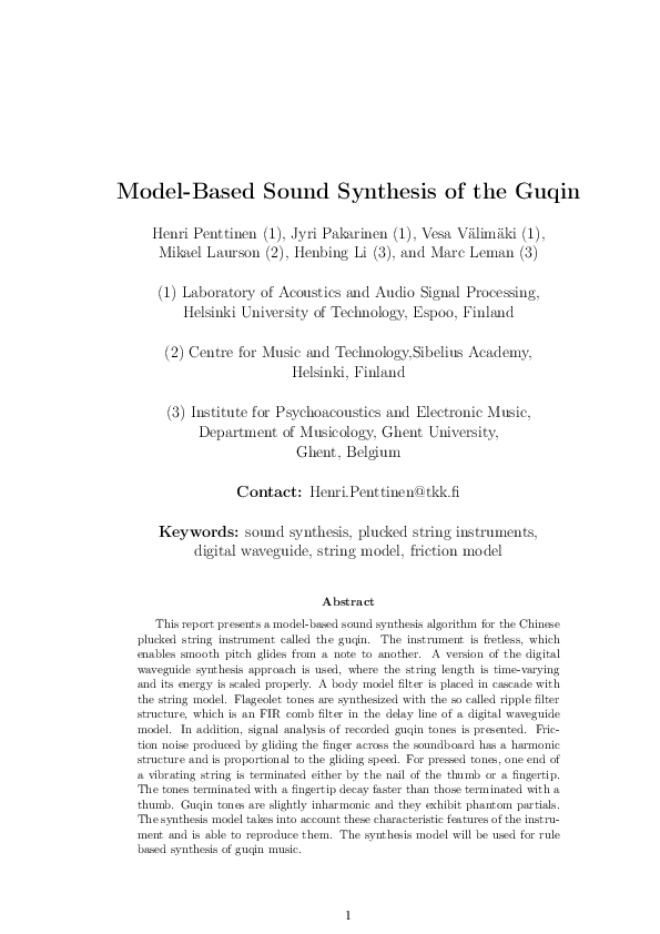(PDF) Model-based sound synthesis of the guqin | Henri Penttinen - Academia.edu