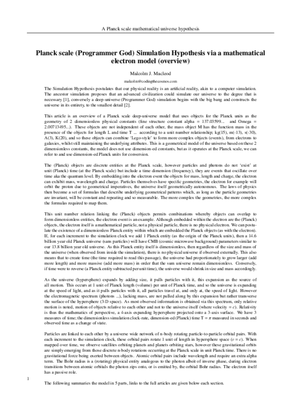 (PDF) Planck scale (Programmer God) Simulation Hypothesis via a ...