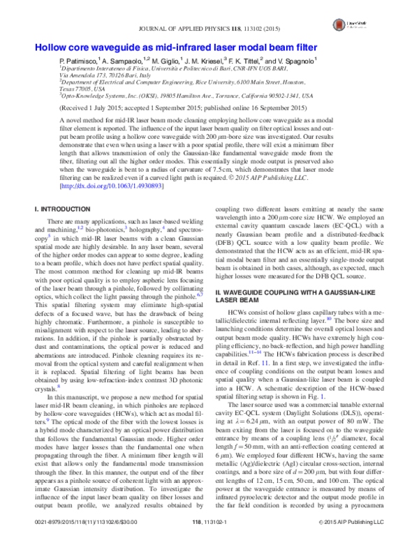 Hollow core waveguide as mid-infrared laser modal beam filter
